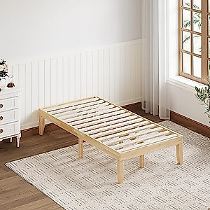 Giantex Twin Wood Platform Bed Frame, 14 Inch Solid Rubber Wood Mattress Foundation, Heavy Duty Wood Slats Support, No Box Spring Needed, Easy Assembly, Natural