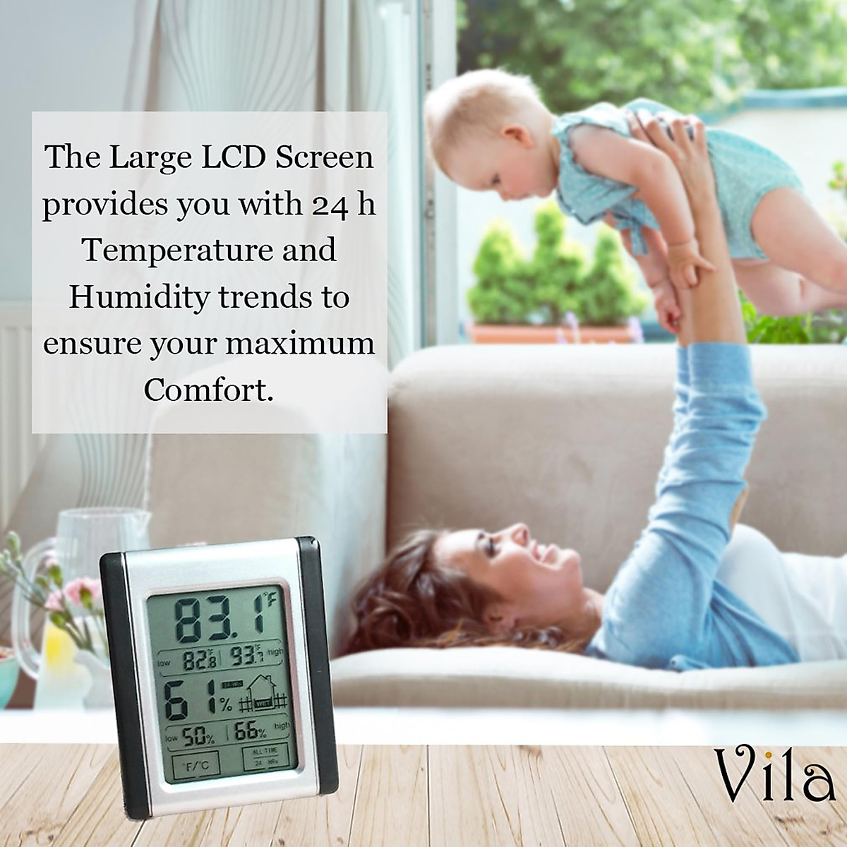 Vila Digital Thermometer and Hygrometer, Indoor Humidity and Temperature Monitor with Battery, Bright LCD Display for Quick Reading, Multiple Mounting Options, Touch Screen