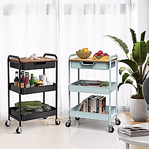 Aratan Utility Rolling Cart with Table Top, 3 Tier Metal Storage Cart with Drawer, Kitchen Organizer Cart with Handle and Locking Wheels for Bathroom Office Balcony Living Room (Black)