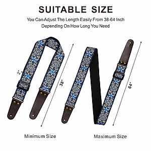 Guitar Strap, Vintage Embroidered Cotton Guitar Straps with Genuine Leather Ends for Bass, Electric & Acoustic Guitars, Come with Free Strap Button, 1 Pair Strap Locks and 4 Guitar Picks (Blue Flower)
