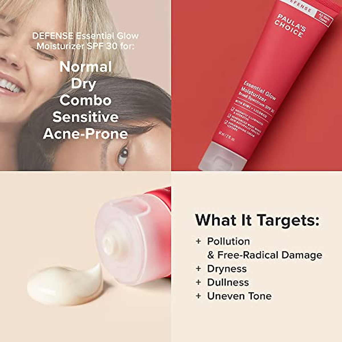 Paula's Choice DEFENSE Essential Glow Mineral Moisturizer SPF 30 w/Kiwi Extract, Vitamin C & E, Niacinamide, Argan Oil & Resveratrol, Radiant Dewy Finish, 2 Oz Tube