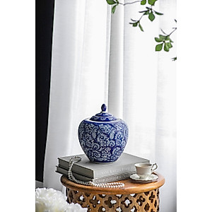 A&B Home 10'' Decorative Antique Porcelain Jar with Lid Flower Pot Planter Blue and White Vase Floral Print Centerpiece Home Decor Indoor Outdoor
