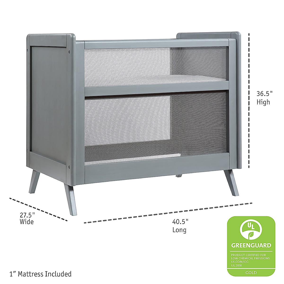 BreathableBaby Breathable Mesh 2-in-1 Mini Crib with Mattress — Gray — Two Adjustable Mattress Heights — Greenguard Gold Certified