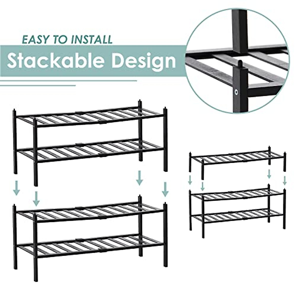 quiqear Bamboo Shoe Rack, 2 Tier Shoe Rack Organizer, Stackable & Durable Shoe Shelf Holder, Free Standing Shoe Racks, Shoe Storage Organizer for Entryway, Closet, Hallway (Black)