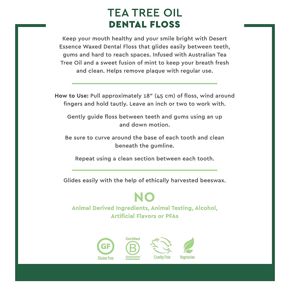 Desert Essence, Tea Tree Dental Floss 50 yd - Gluten Free - Cruelty Free - Naturally Waxed with Bees Wax - No Shred Floss - Tea Tree Oil - Removes Plaque and Build Up, pack of 6