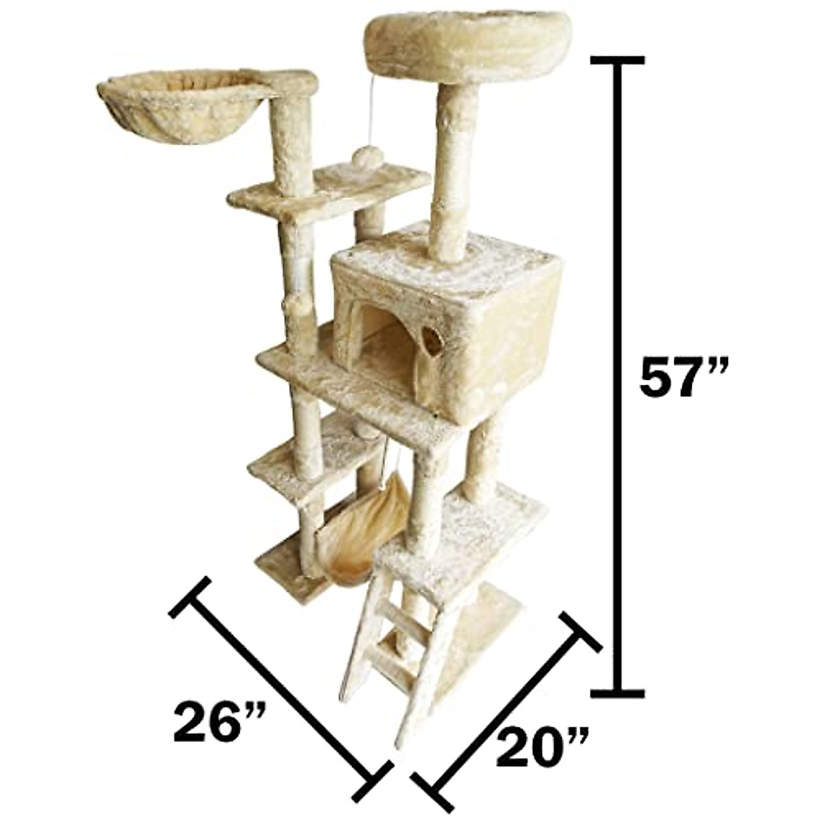 Beige Cat Tree Tower for Indoor Cats & Kittens, 57" Tall Multi-Level with Comfy Perch & Basket, Hideaway Condo, Sisel Scratcher Posts & Ladder, Ball Toys, & Dangling Rope - by SciencePurchase