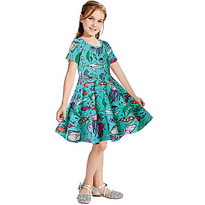 RAISEVERN Little Girl Dress Shark Octopus Turtle Ocean Short Sleeve Casual Sundress Kids Summer Swing Twirly Midi Dresses 2 Years Old