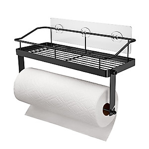 Adhesive Paper Towel Holder Shelf, 2-in-1 Wall Mounted Black Paper Towel Roll Rack Basket for Kitchen,Shower Bathroom & Balcony,Rustproof,No Drilling,SUS 304 Stainless Steel