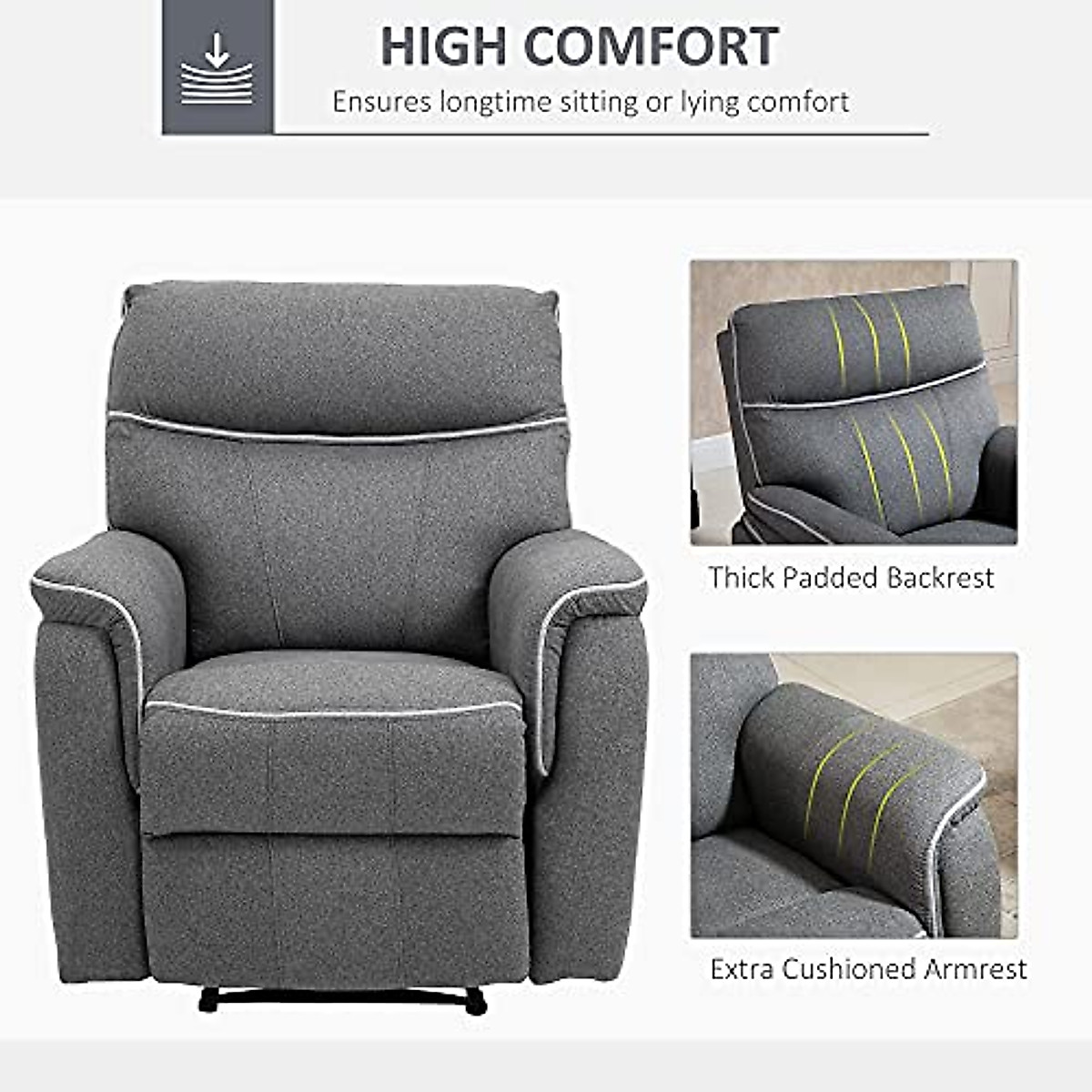 HOMCOM Manual Recliner Armchair with Thick Padded Headrest, Back and Footrest and Adjustable 150 Degree Angle, Grey