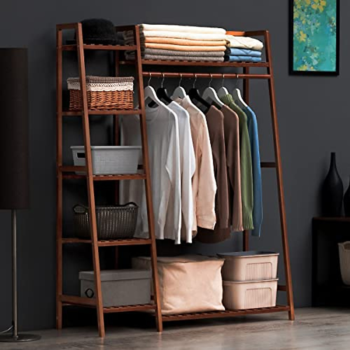 ZZBIQS Bamboo Clothing Rack with Shelves Ladder Clothes Hanger Rack Heavy Duty Freestanding Coat Closet Garment Rack for Hanging Clothes /Folding Clothes/Shoes, 43.3" L x 15.7" W x55.1 H