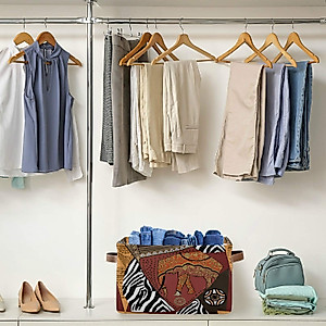 ALAZA Decorative Basket Rectangular Storage Bin, African Elephant Ethnic Organizer Basket with Leather Handles for Home Office