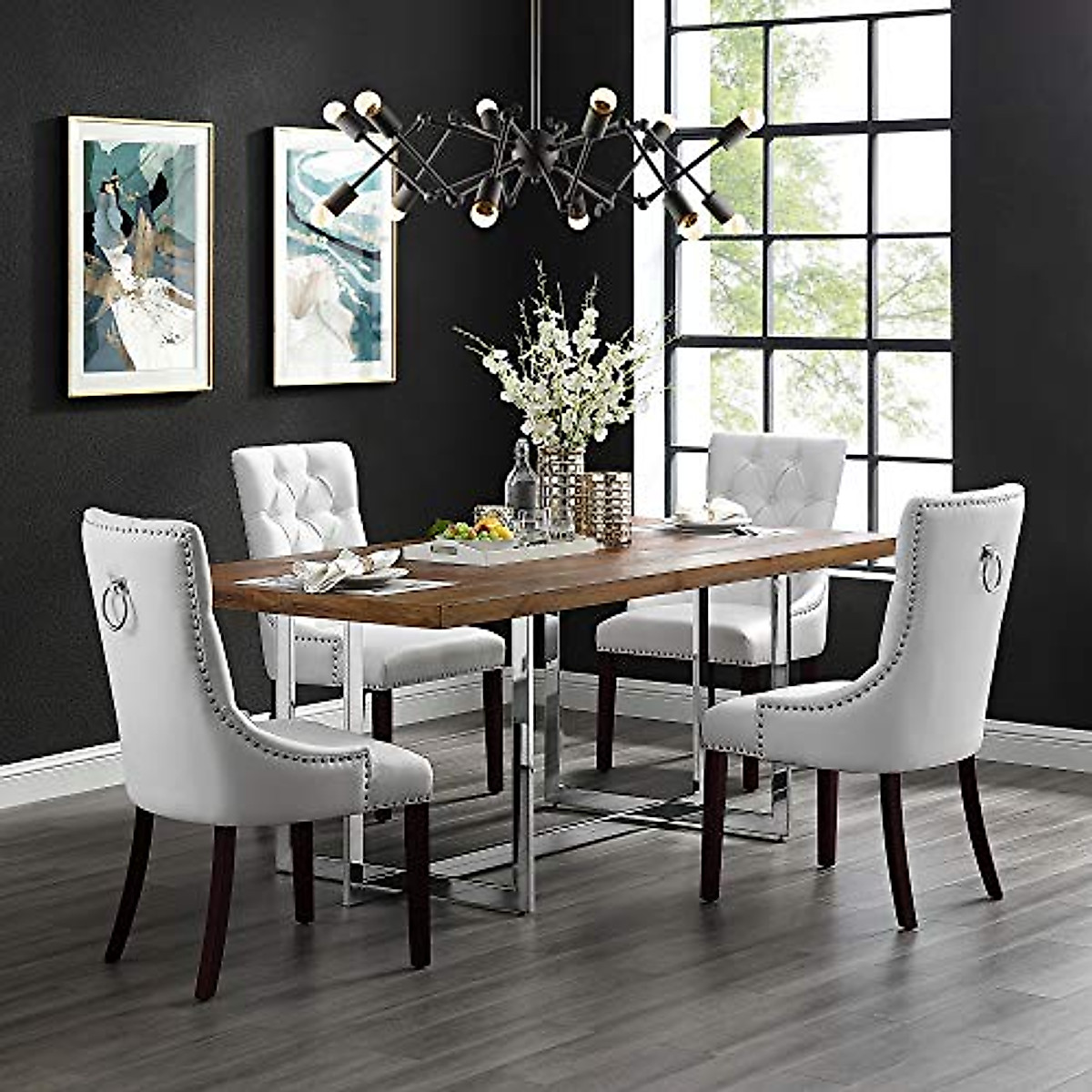 InspiredHome White Leather Dining Chair - Design: Alberto | Set of 2 | Tufted | Ring Handle | Chrome Nailhead Finish