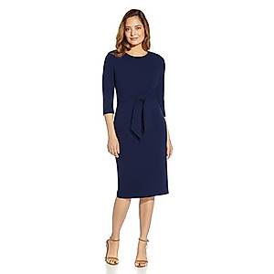 Adrianna Papell Womens Knit Crepe Tie Waist Sheath Dress, Navy Sateen, 10 US