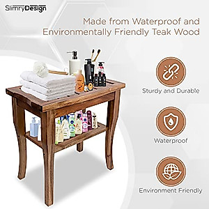 Slimry Design Teak Shower Bench - Solid and Water -Resistant Teak Bench with Storage Shelf Easy to Use Bath Stool with Non-Slip Pads -Assembly Required (Small)