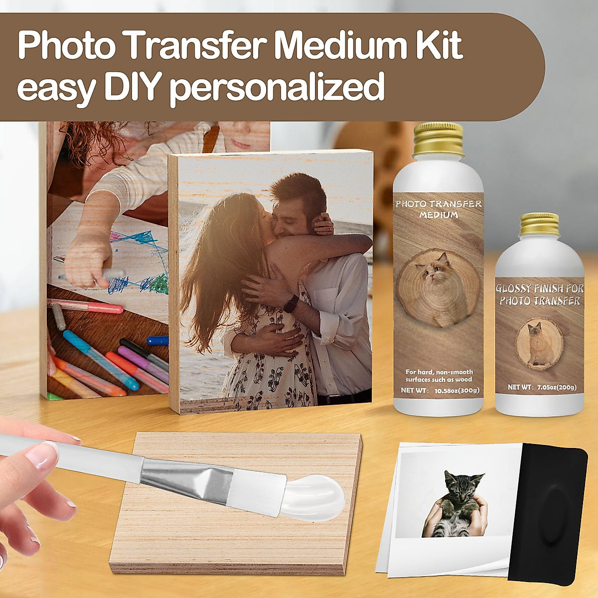 1DFAUL Gloss Photo Transfer Medium Kit, Gel Medium for Photo Transfer, with Gloss Varnish, Pattern Transfer Gel to Wood & Other Hard Surfaces, DIY Crafts, Decorating Furniture, Personalized Gifts