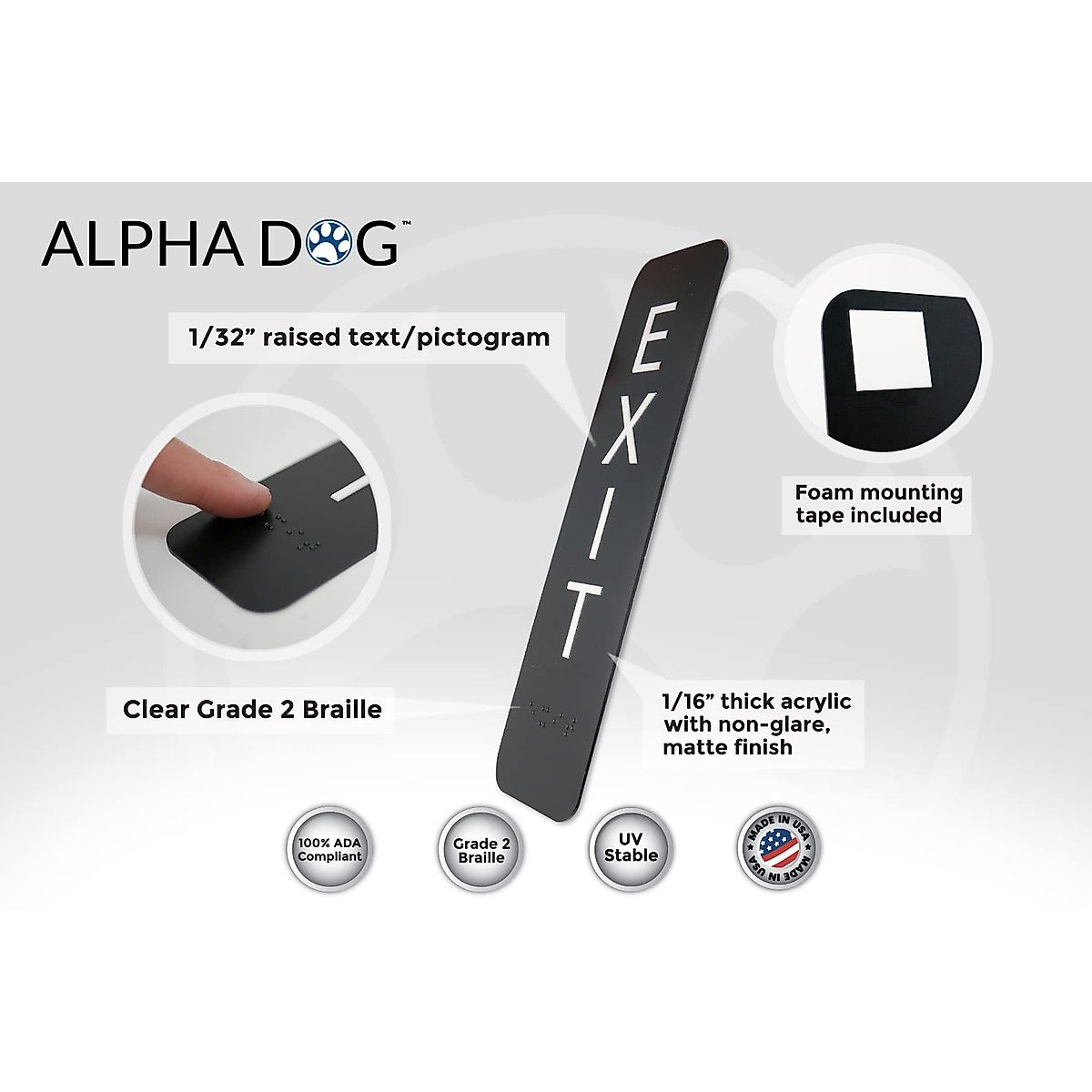 ALPHA DOG ADA SIGNS - Vertical Braille Exit Sign for Business, 8x2 Inch, ADA Compliant, ADA Exit Sign with Braille, Indoor or Outdoor, Easy Installation, Made in the USA, Black Exit Sign