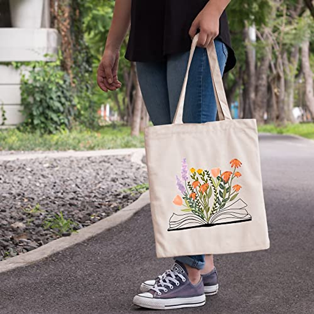 Kimoli Canvas Aesthetic Tote Bag for Women with Interior Pocket Book Totes Shopping Shoulder Bag Reusable Grocery Bags (Style-B)