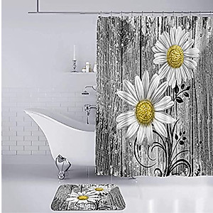 DuoBaorom 4 Pieces Set Daisy Shower Curtain Set Yellow and White Flower Rustic Wood Art on Non-Slip Rugs Toilet Lid Cover Bath Mat and Bathroom Curtain with 12 Hooks 72x72inch