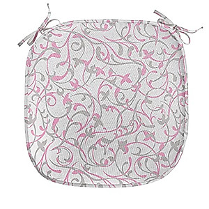 Lunarable Grey Chair Seating Cushion Set of 6, Abstract Ornate Flourish Curly Leaves with Medieval Victorian Influences, Anti-Slip Seat Padding for Kitchen & Patio, 16"x16", Pink Grey Pale Grey