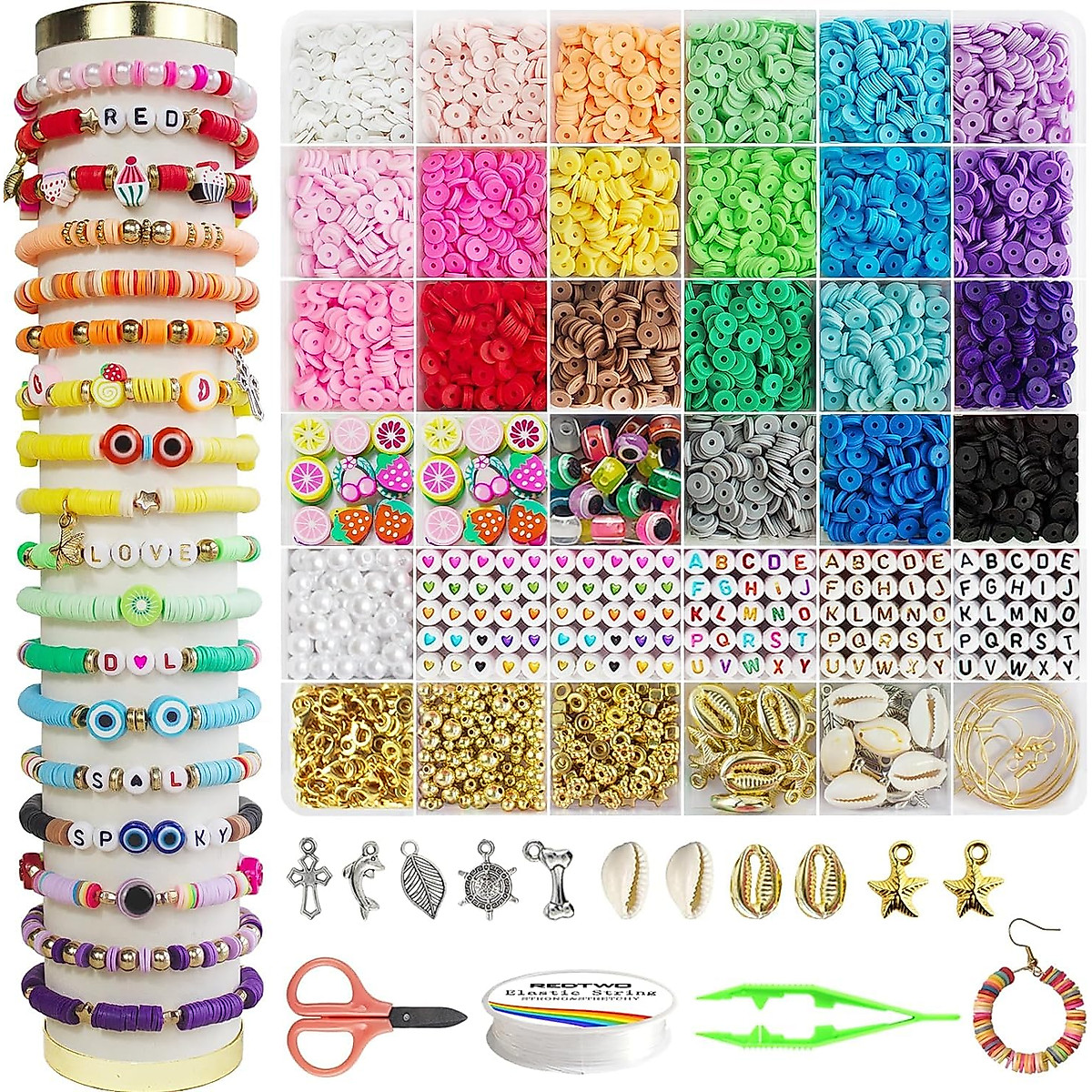 Redtwo 6200 Pcs Clay Beads Bracelet Making Kit, Flat Round Polymer Heishi Beads Friendship Bracelet Kit with Charms and Elastic Strings, Jewelry Making Kit for Girls 8-12 Gifts for Kids