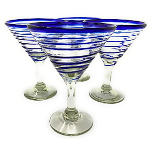 Mexican Hand Blown Glass – Set of 4 Hand Blown Modern Margarita Glasses - Blue Spiral (12 oz)