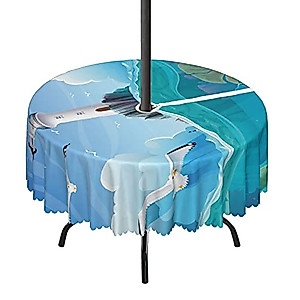 Lirduipu Blue Nautical Pattern Round Outdoor Tablecloth,Round Table Cloth Washable Water Resistance Tablecloth with Umbrella Hole Zippered,for Patio Garden Tabletop Decor(52" Round,Multicolor)