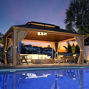 Erinnyees 12' x 16' Aluminum Wood Grain Hardtop Gazebo, Outdoor Aluminum Double Roof with Privacy Curtain and Mosquito Net for Patio, Lawn, Garden, Backyard(Wood Looking)