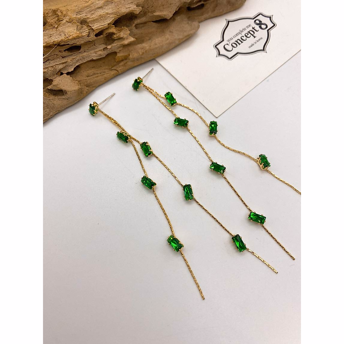 Concept8 colored long drop earrings with 925 silver post made in korea (Emerald)