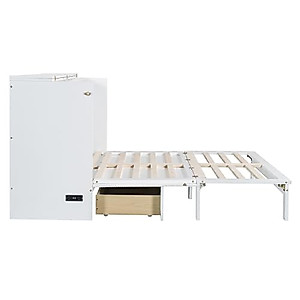 UOCFYK Queen Murphy Bed with Large Storage Drawer & Charging Station,Solid Pine Murphy Bedframe w/Wooden Slat Support, No Spring Box Needed, White