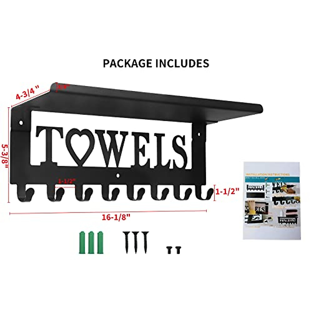 Towel Rack with Metal Shelf for Bathroom Wall Mounted Towel Holder with Hooks Towel Hanger Towel Storage Wall Decor for Bedroom, Living Room, Kitchen (8 Hooks, Black)