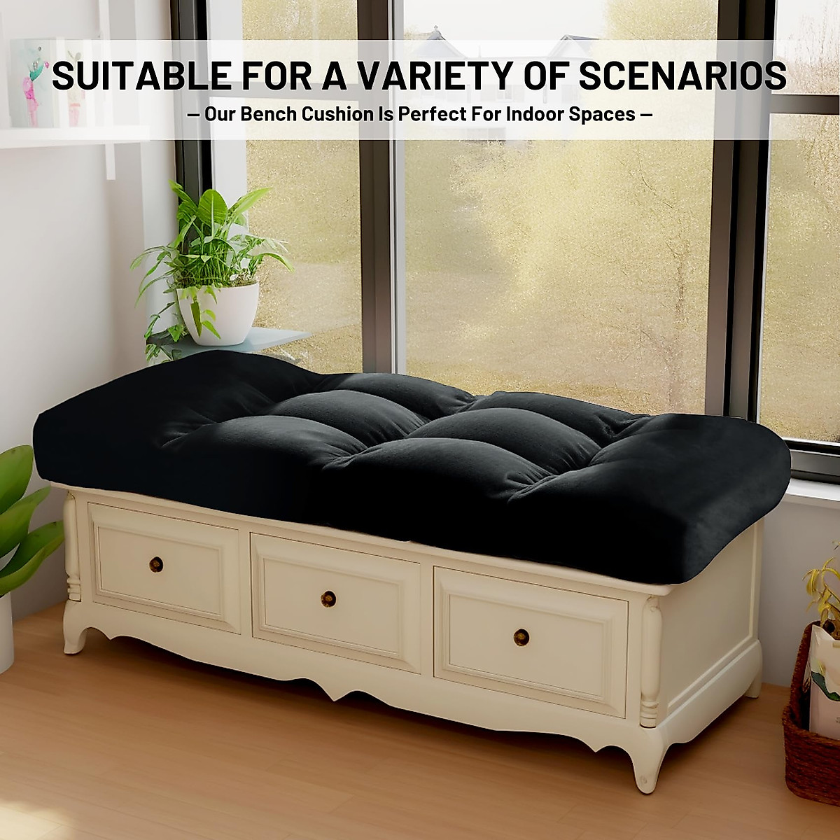 Lokex Anti-Slip Bench Cushion,Soft Durable Window Seat Cushion Indoor,[Velvet] Black, 36"x14"x4"