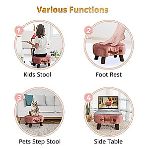 Small Curved Foot Stool with Handle, Pink Velvet Footstool and Ottomans, Modern Foot Rest with Wooden Legs, Step Stool with Padded Seat for Couch, Living Room