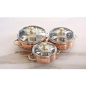 IndianArtVilla Steel Copper Handi Bowl with Brass Handle & Glass Lid, Serving Indian Dishes, 24 OZ