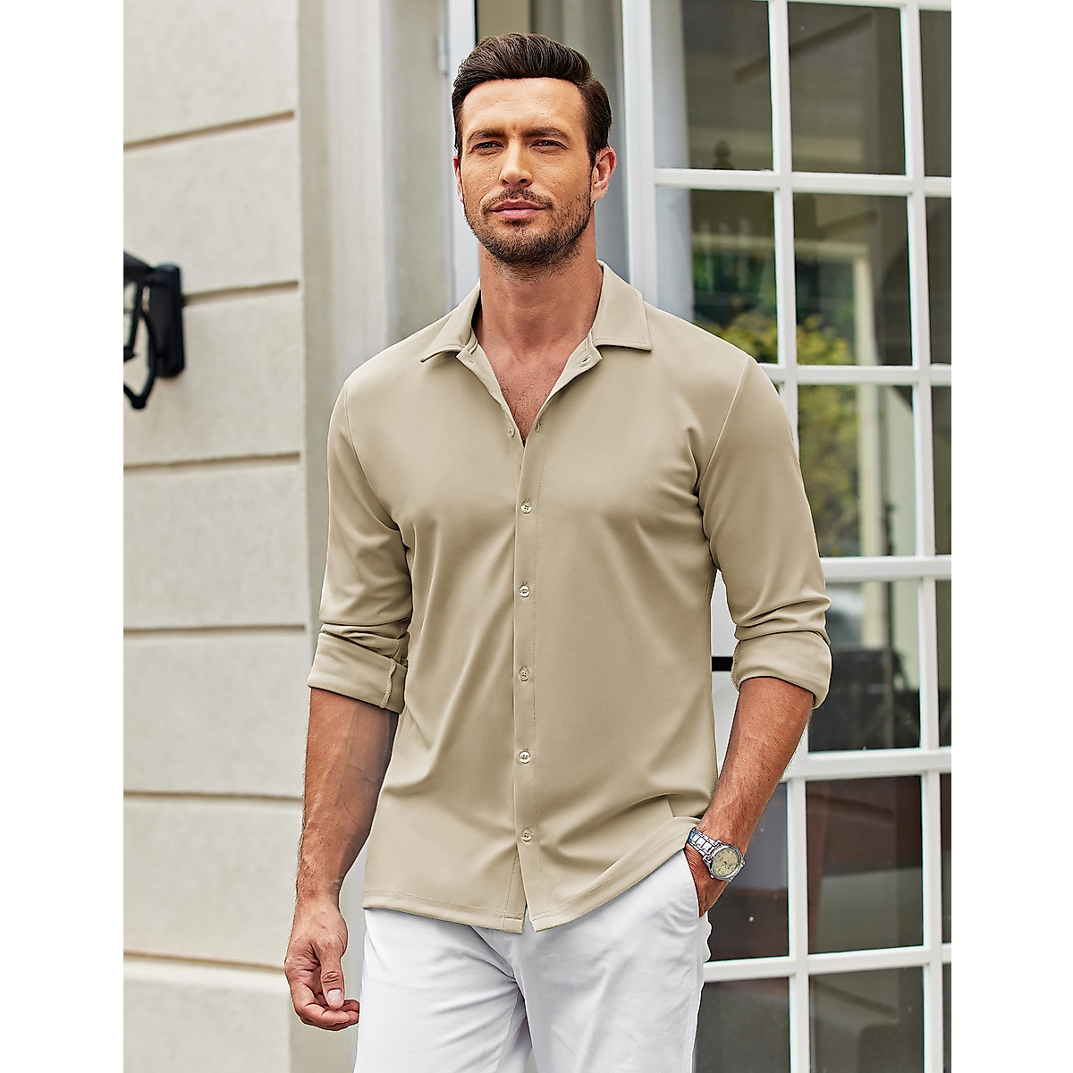 COOFANDY Mens Casual Button Up Shirts Slim Fit Long Sleeve Wrinkle Free Shirts Khaki