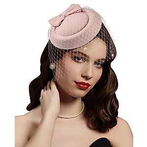 Cizoe Fascinator Hats for Women 20s 50s Vintage Pillbox Hat Kentucky Derby Fascinators Flower Veil Wedding Party Hat Tea Hat(11C-Blush Pink)
