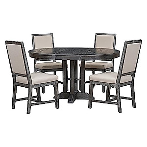 KoiHome 5 Piece, 42"-58" Farmhouse Round Extendable 16" Leaf Wood and 4 Upholstered Chairs, Set of 5, Family Dining Table Set for Restaurant, Kitchen (Black)