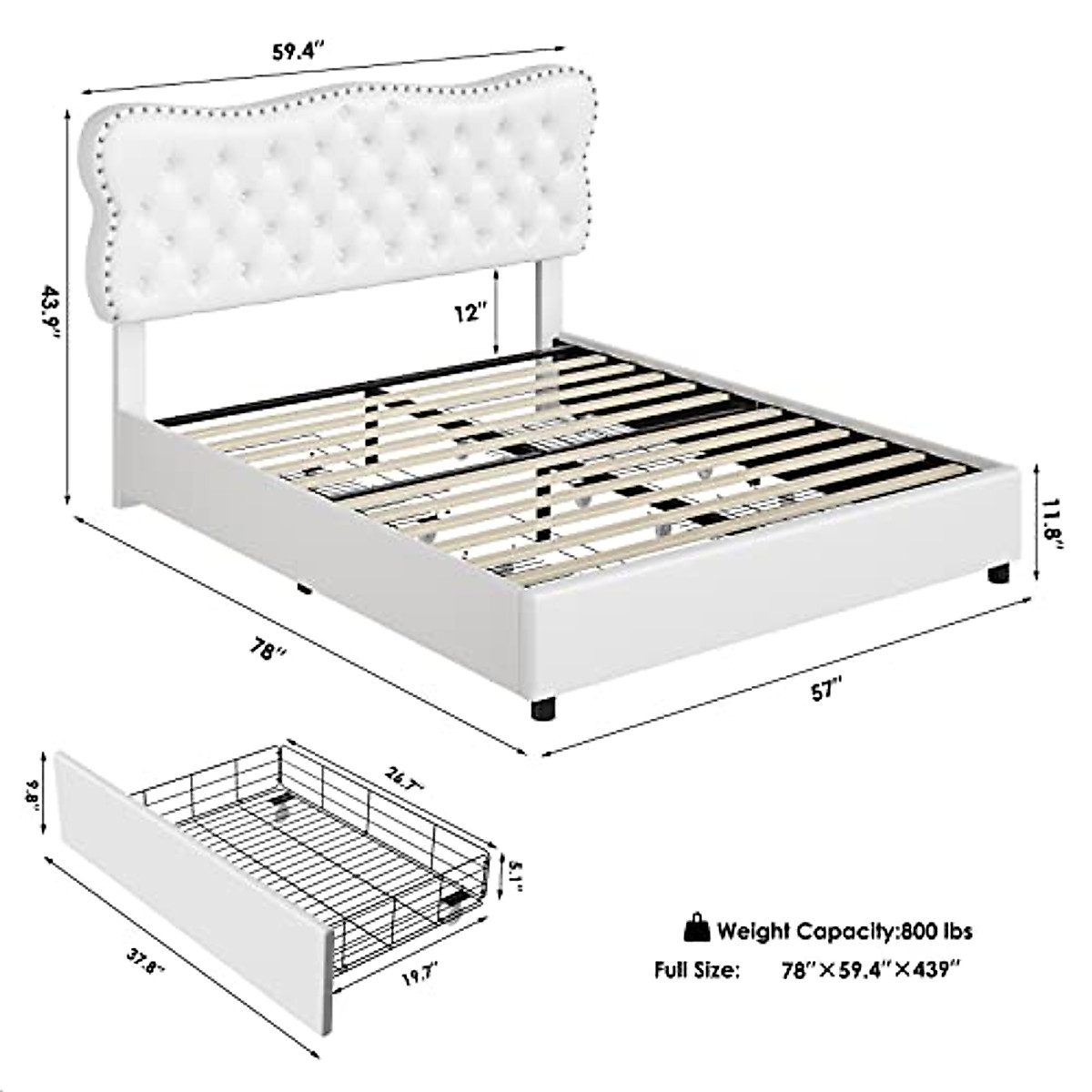 HOSTACK Full Bed Frame with 4 Storage Drawers, Upholstered Platform Bed Frame with Button Tufted Headboard, Heavy Duty Mattress Foundation with Wooden Slats, No Box Spring Needed (White, Full)