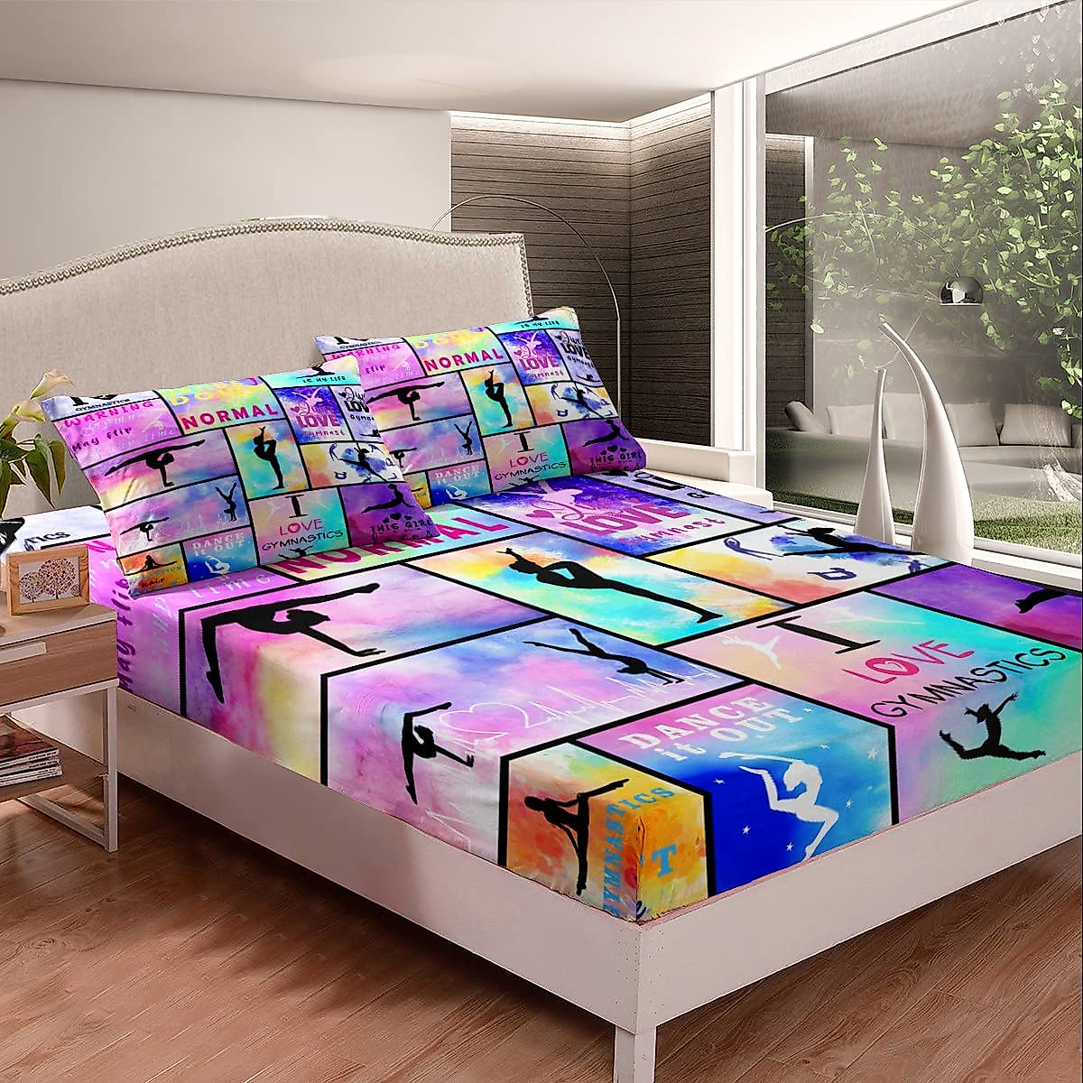 Erosebridal Gymnastics Bedding Set for Girls Women, Rainbow Tie Dye Bed Sheets Twin Size Gymnast Dancers Fitted Sheet Geometric Checkered Patchwork Bedding Decor Set with 1 Pillow Case, Pink Purple