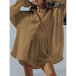 Fixmatti Two Piece Summer Sets for Women Button Down Long Sleeve Shirt with Shorts Casual Matching Set Streetwear Brown XL