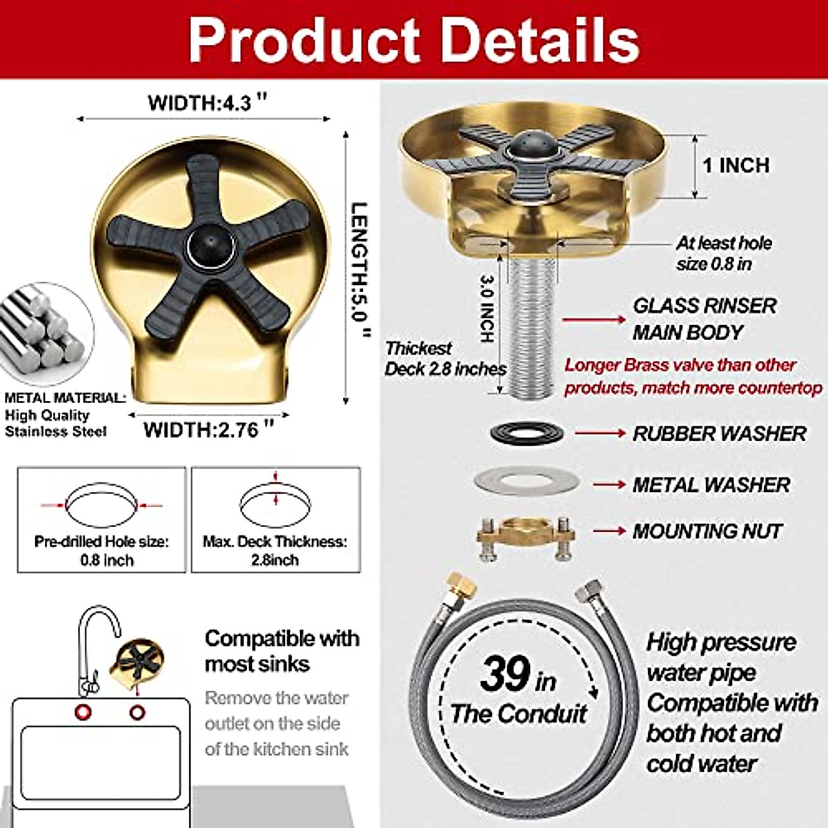 2023 Newest Gold Glass Rinser for Kitchen Sink - Bottle Cleaner,Cup Rinser,Glass Washer for Kitchen Sink,Sink Accessories,Faucet Attachment,Kitchen Gadgets,Bar Sink Auto Glass Rinser,Stainless Steel