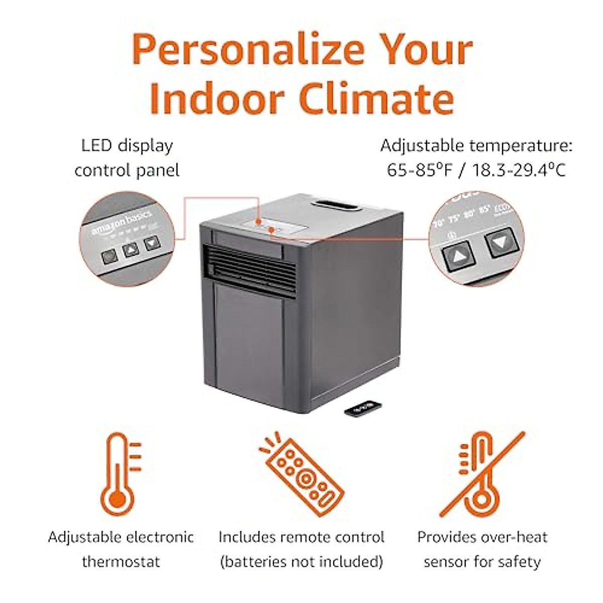 Amazon Basics Portable Space Heater, With Remote Control, Adjustable Thermostat, LED display, Energy-Saving ECO-Smart Setting, 1500W, Black, 11.4"D x 14.5"W x 14.7"H