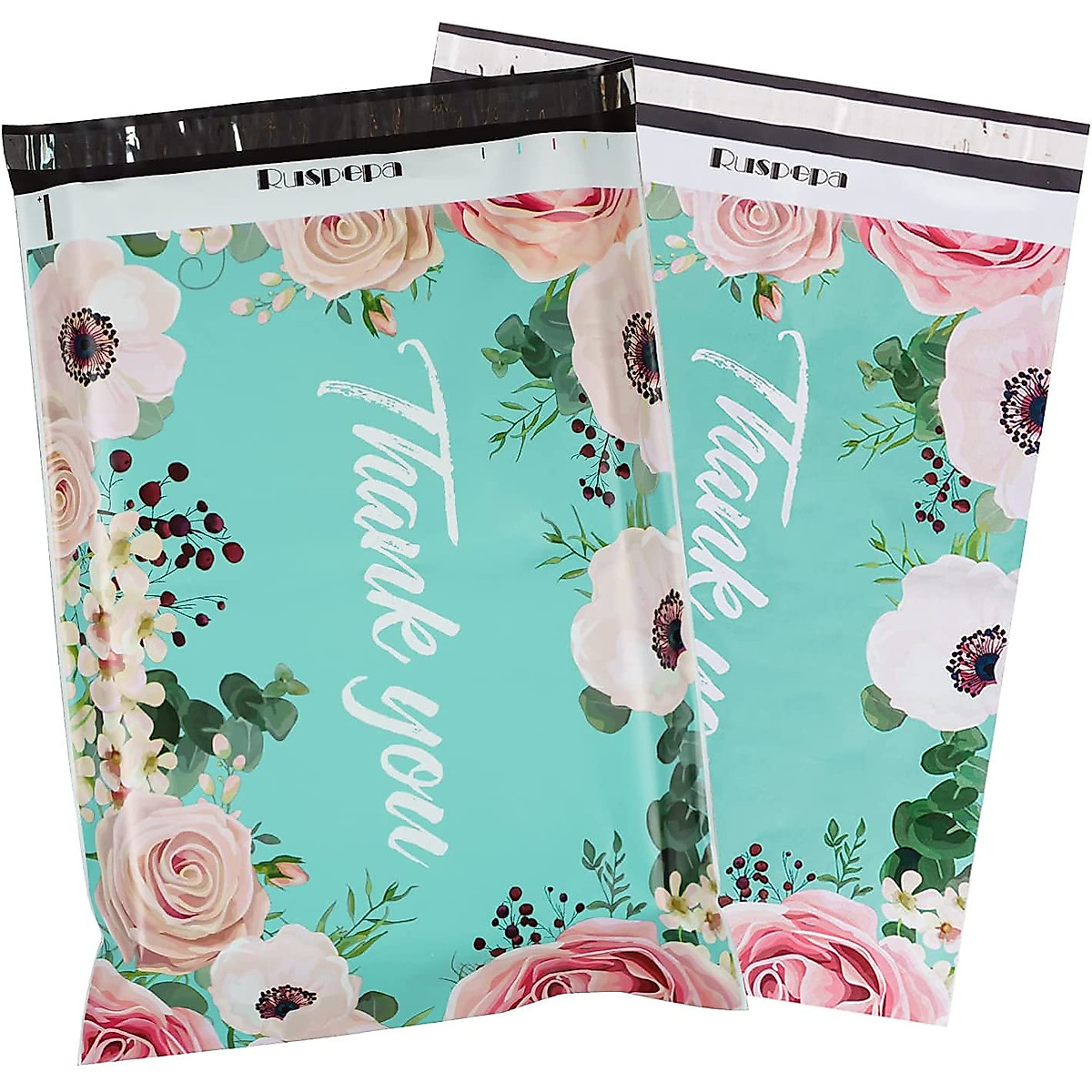 RUSPEPA 14.5x19 Inch Poly Mailers Shipping Bags Thank You Notes Flowers Surrounded Teal Poly Mailers 3 Mil Heavy Duty Self Seal Mailing Envelopes - 50 Pack