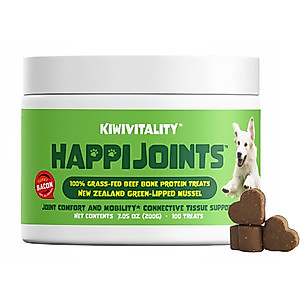 KiwiVitality HappiJoints Hip and Joint Supplement Treats for Dogs, Cats • 100% Grass-Fed Beef Bone Collagen New Zealand Green-Lipped Mussels • 100 Treats