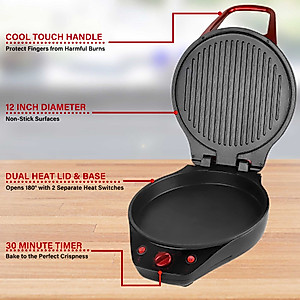 Brentwood TS-124R 12-Inch Non-Stick Pizza Maker and Grill with Timer, Red