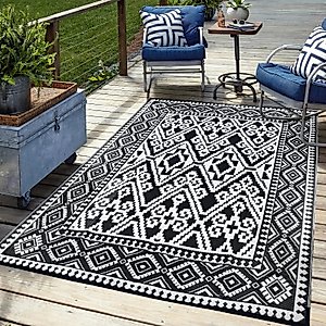 Rugcomf Outdoor Rug 8x10, Outdoor Patio Rug Waterproof for Outside Your Rv, Outside, Camping, Deck, Porch, Balcony, Backyard, Picnic Black and White