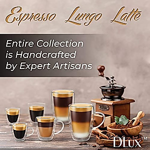 DLux Espresso Coffee Cups 3oz, Double Wall, Clear Glass set of 4 Glasses, Insulated Borosilicate Glassware Tea Cup