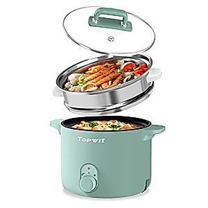 Topwit Electric Pot with Steamer, 1.5L Non-stick Ramen Cooker, Hot Pot Electric, Electric Pot for Cooking Pasta, Noodles, Steak, Egg, Portable Pot with Dual Power Control, Dorm Room Essentials, Green