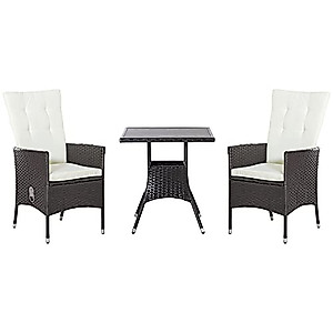 Outsunny 3 Piece Patio Bistro Set, Outdoor PE Wicker Furniture Conversation Set with Tufted Cushion Reclining Chairs & Coffee Table for Backyard, Lawn, Porch, Poolside, Balcony, Cream White