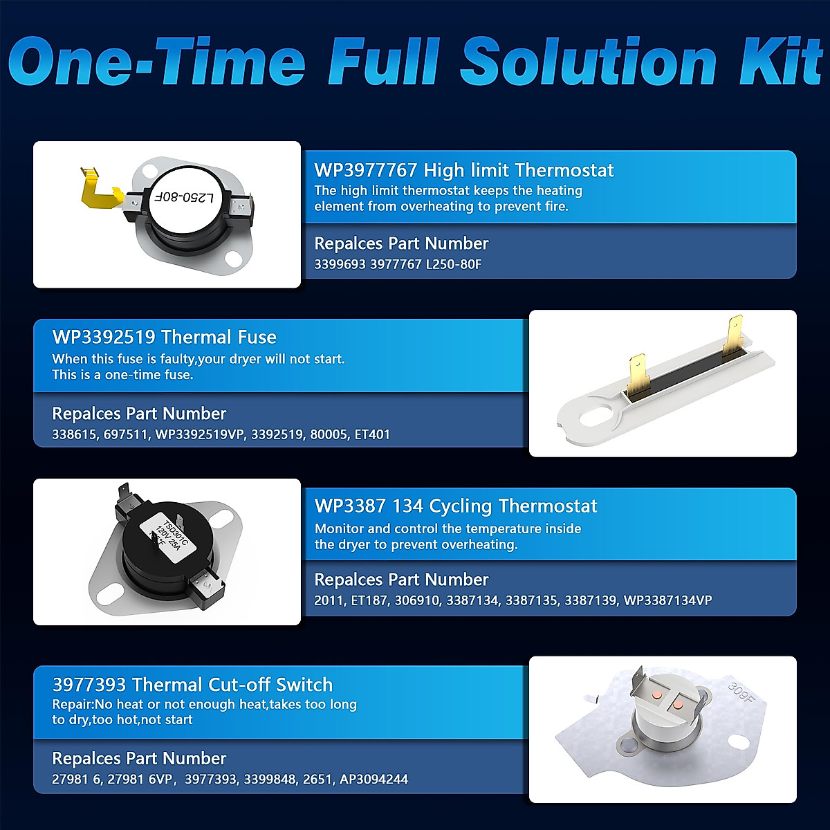 279838 W10724237 Dryer Heating Element Kit Fit for Whirlpool Cabrio Kenmore Roper Maytag Amana Crosley Dryer Parts Thermostat Thermal Fuse Replaces 3398063 3398064 3403585 8565582 W10724237 WP279837