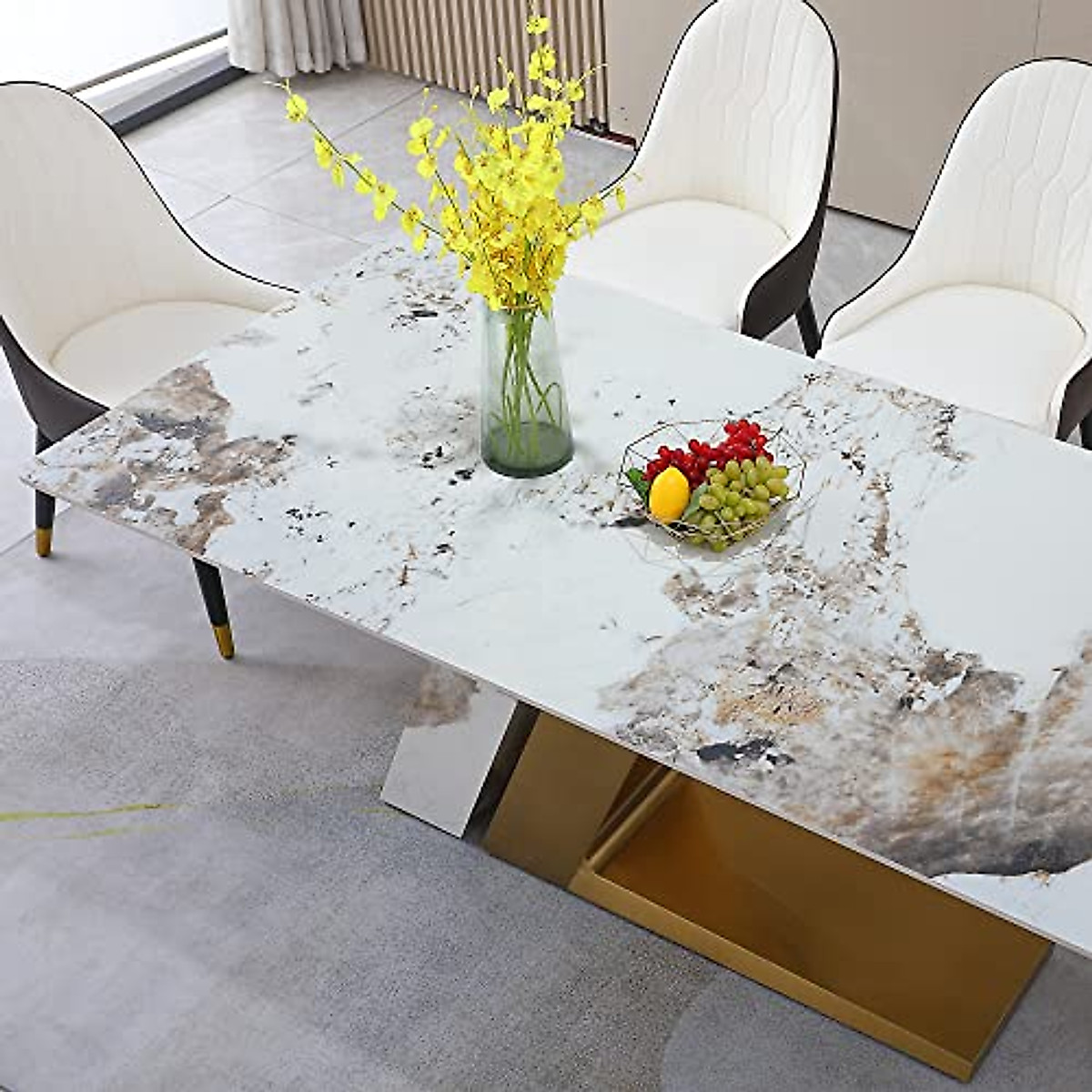HomSof 71" Contemporary Dining Table Sintered Stone Z Shape Pedestal Base in Gold Finish with 6 pcs Chairs,Gold+White+Black